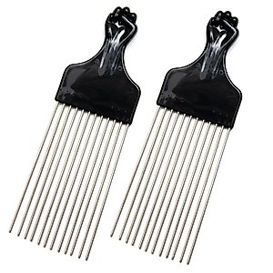 Luxxii (2 Pack) 8" Long Black Fist Metal Afro Pick Lift Hair Comb Detangle Wig Braid Hair Man Styling Comb