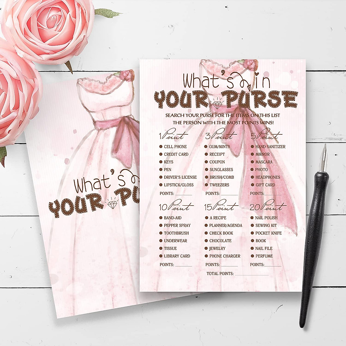 Bridal Shower Game Card, Gift for Engagement Wedding, Pink Wedding-Themed |What's in Your Purse—30 Cards(C-03)