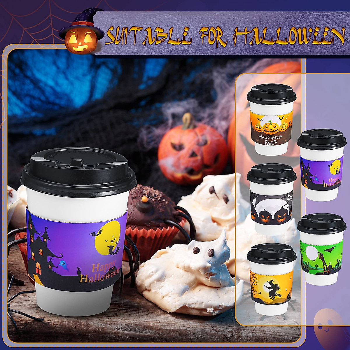 150 Pcs 12 oz Halloween Disposable Coffee Cups with Lids and Coffee Cup Sleeves Paper Hot Coffee Cups Dome Lids and Coffee Cup Tea Cup Sleeves for Halloween Party Decoration Supplies (Horror Pattern)