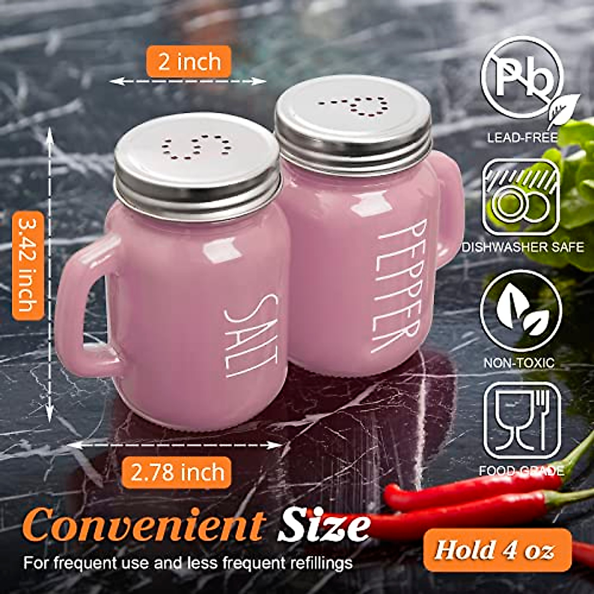Pink Salt and Pepper Shakers Set, Bivvclaz 4 oz Glass Pink Salt Pepper Shaker Set with Stainless Steel Lid, Pink Kitchen Decor and Accessories for Home Restaurants Wedding