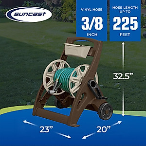 Suncast Hosemobile Portable Garden Hose Reel Cart with Wheels, Crank Handle, and Storage Tray for Gardening Accessories, 225' Hose Capacity, Mocha