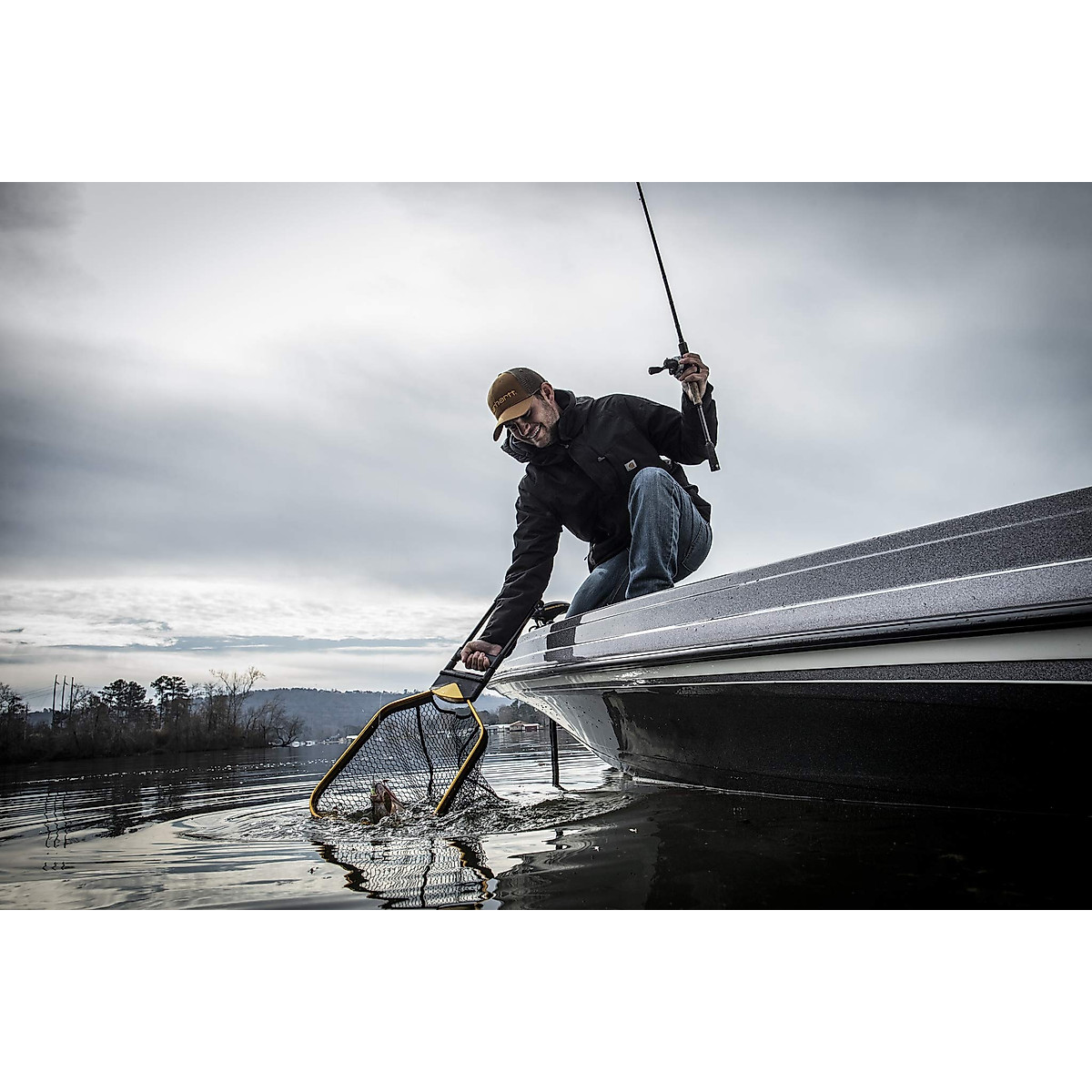 Frabill Trophy Haul Bearclaw 1418 Fishing Net, One Hand Designed Landing Net with built in Light, Black and Gold (FRBNX14L)