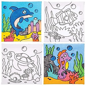 Baker Ross AT940 Sealife Color in Pictures for Kids - Pack of 4, Kids Canvases for Painting, Coloring and Craft Project Displays
