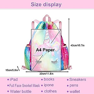 RHCPFOVR Drawstring Backpack for Kids - Unicorn Bags for Girls Mini Gym Dance Beach Swim Travel Bag With Two Water Bottle Holder