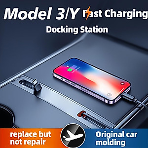 ROADRESS Tesla USB Hub for Model 3 Model Y 2021 2022 2023 Center Consoles with Dual Retractable Charging Cable, Lightning Cable Fast Charging Up to 27W