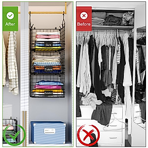 Sonyabecca 3-Tier Hanging Closet Organizer with Name Plate, Clothes Hanging Shelves 5 S Hooks, Wall Mount & Cabinet Foldable Wire Storage Basket, for Clothing Sweaters Handbags