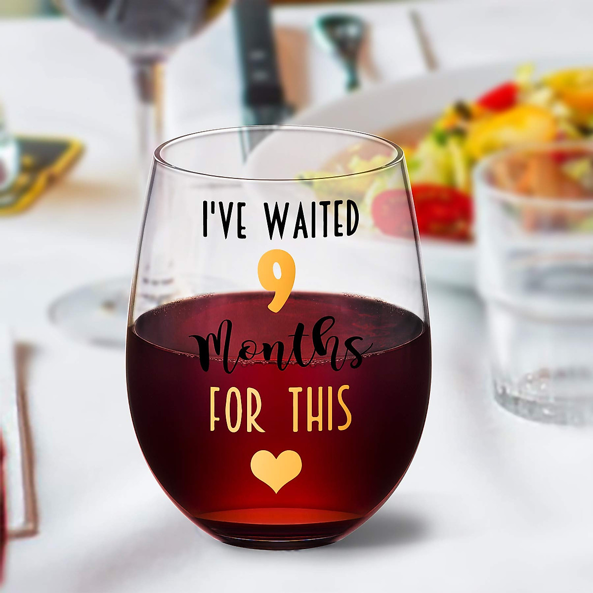 I've Waited 9 Months For This! Funny New Mom Stemless Wine Glass for Expectant Moms and Post Pregnancy Gifts, Funny 18 oz Stemless Wine Glasses for Women, Her, Mom on Mother's Day or Christmas