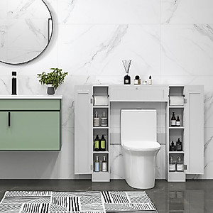 Tangkula Over The Toilet Storage Cabinet, Bathroom Space Saver w/Adjustable Shelves & Paper Holder, Freestanding above Toilet Organizer w/ 2 Side & Pull-Down Door for Bathroom Storage (White)