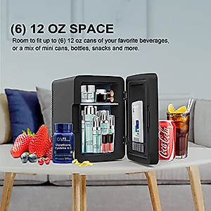 Living Enrichment Mini Fridge 6L Capacity, Portable Small Refrigerator Cooler or Warmer, AC DC Powered, Skincare Fridge with Mirror Door, for Food, Cosmetics, Home, Office and Car - Black