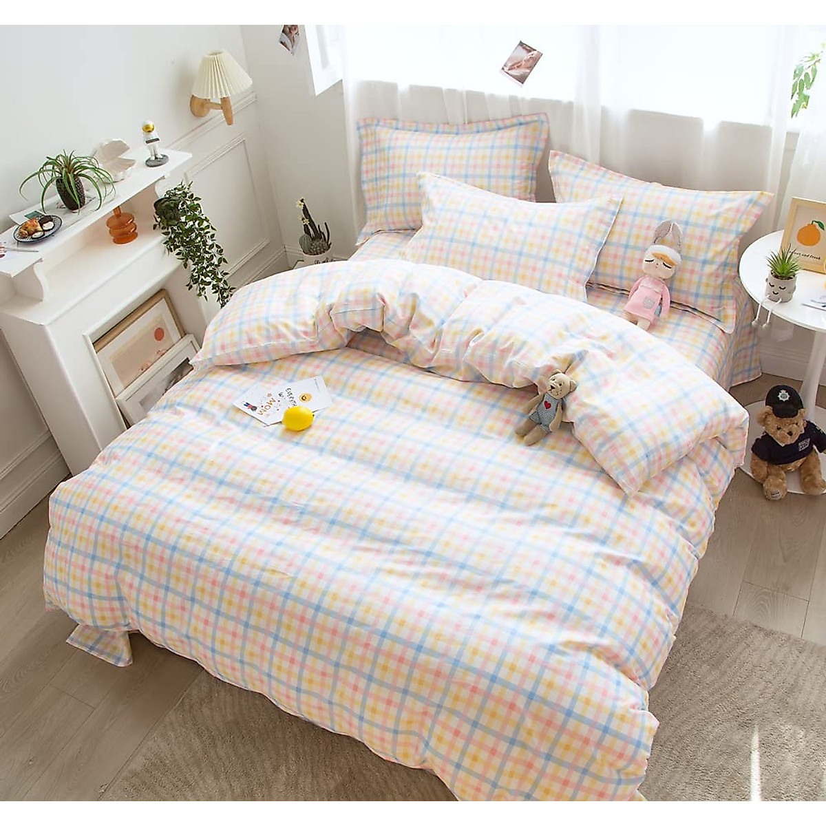 BlueBlue Rainbow Duvet Cover Set Queen 100% Cotton Bedding for Kids Boys Girls Teens Woman Colorful Geometric Check Grid 1 Rainbow Plaid Comforter Cover Full Zipper Ties 2 Pillowcases Queen