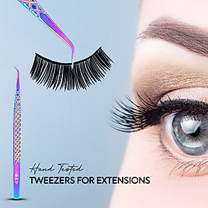 Eyelash Extension Tweezers Lash Extension Precision Tweezers Straight & Curved with Diamond Grip Set of 2 Pieces Rainbow Colour 14cm Multicolor