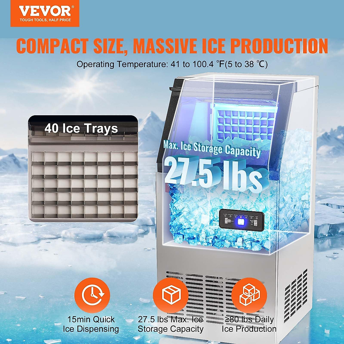 VEVOR Commercial Ice Maker Machine, 80lbs/24H Ice Maker Machine with 27.5lbs Storage Capacity, 40 Ice Cubes in 12-15 Minutes, LED Digital Display Commercial Ice Maker for Bar Home Office Restaurant