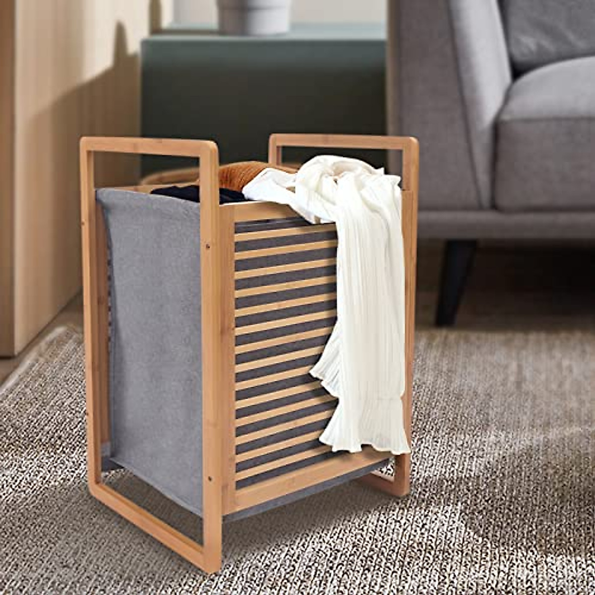 One-Section Organizer Storage Shelf with Bamboo Frame and Baskets Storage Drawers Unit,Laundry Towel Hamper Cabinet Tower One Part Compartment Sorter Basket