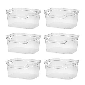 Sterilite 7 x 11 x 14.25 Inch Polished Open Scoop Front Storage Bin with Comfortable Carry Through Handles for Household Organization, Clear (6 Pack)