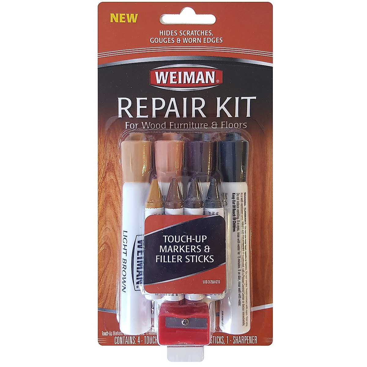 Weiman Wood Repair System Kit - 4 Filler Sticks 4 Touch Up Markers - Floor and Furniture Scratch Fix