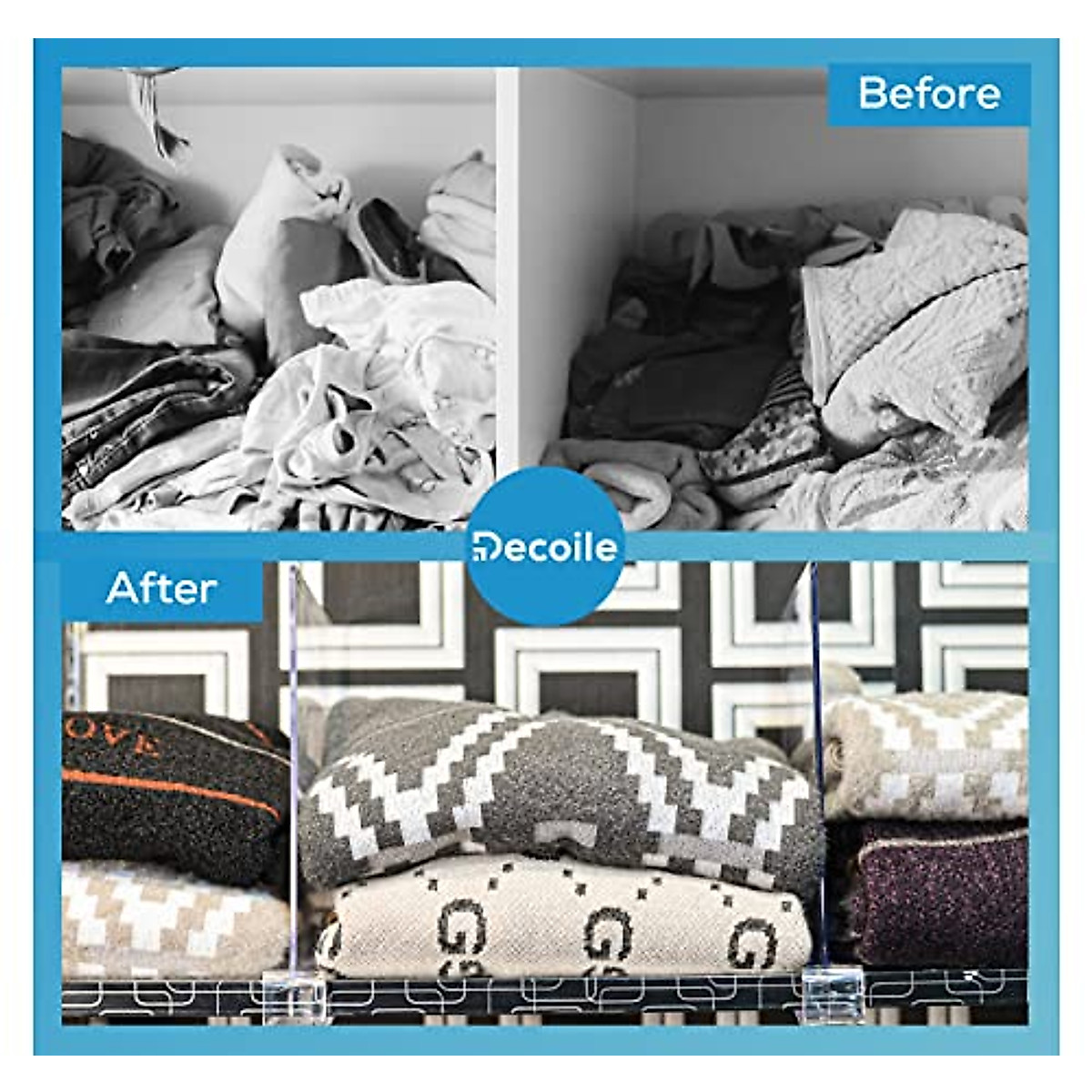 Decoile 8 PCS Clear Acrylic Shelf Dividers for Closet Organization, Closet Clothes dividers, Wood Shelves Organizer for Bedroom, Kitchen, Office, Cabinets and Bathroom.