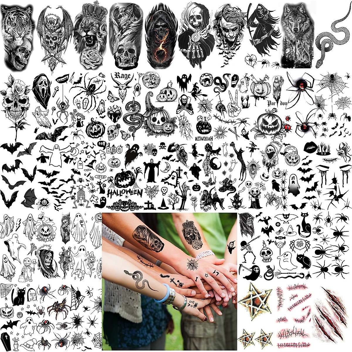 52 Sheets Black Temporary Tattoos for Kids Men and Women, Include 10 Sheets Large Half Arm Sleeve Fake Tattoos, 200+ PCS Spider Scorpion Snake Tiger Lion Skull Bat Vampire Scar Fake Tattoo Sticker