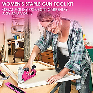 TOYIEW 33Pcs Pink Staple Gun Tool Set with 3 in 1 Upholstery Staple Gun for Wood Heavy Duty and 900 Staples, Perfect for DIY Decoration, Crafts, Carpentry, Arts, Pink Tool Kit Gift for Women