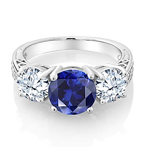 Gem Stone King 4.50 Cttw Blue Created Sapphire and White Created Sapphire 3-Stone Ring For Women In 925 Sterling Silver | Round 8MM and 6MM | Available in size 5, 6, 7, 8, 9