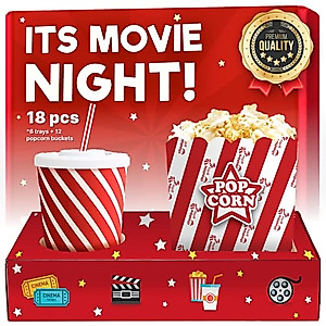 Movie Night Supplies 18 Pcs - Popcorn Buckets (12ct) & Movie Night Snack Trays (6ct) - Movie Theater Decor & Popcorn Bowls For Family Movie Night, Popcorn Bags Individual Servings & Movie Snack Trays