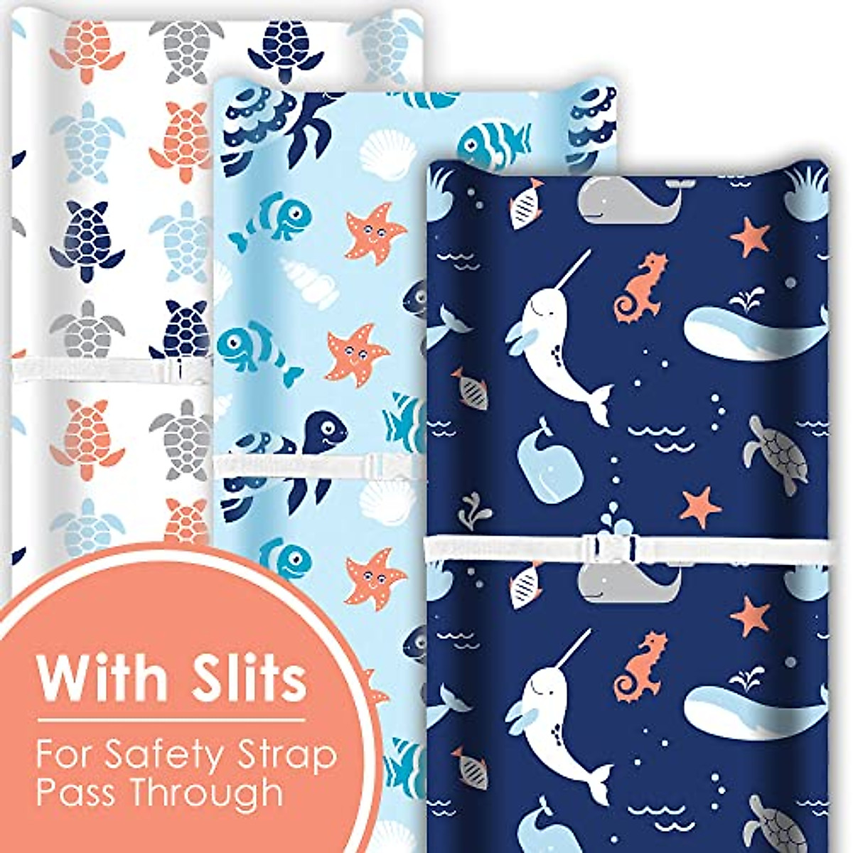 GROW WILD Changing Pad Cover 3 Pack | Soft & Stretchy Jersey Cotton | Baby Changing Table Pad Cover | Diaper Changing Pad Covers for Girls or Boys | Wipeable Sheets | White Blue Turtle Whale Ocean