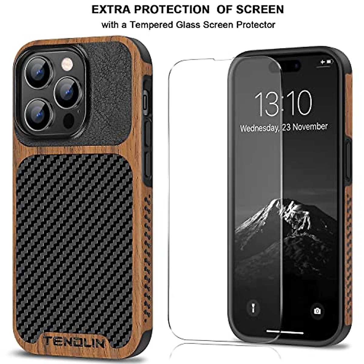 TENDLIN Compatible with iPhone 14 Pro Max Case Wood Grain with Carbon Fiber Texture Design Leather Hybrid Slim Case Black