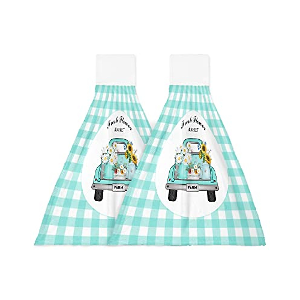 ZFUNCING Hand Tie Towel Set of 2,Teal Farm Truck Daisy Floral Gingham Check Hanging Kitchen Towels with Loop, Absorbent Tea Bar Dish Towel Fast Drying Towels for Bathroom,Pastoral Sunflower