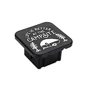 Camco Life is Better at The Campsite Hitch Receiver Cover | Protects Your Trailer Hitch Receiver from Debris, Dirt, Water and Rust | Life is Better at The Campsite Sketch Logo, Black/Silver (53410)