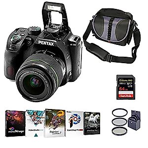 Pentax K-70 DSLR with SMC DA 18-55mm f/3.5-5.6 AL WR Lens, Black Bundle with Corel PC Photo Editing Software, Bag, 64GB SD Card, Filter Kit