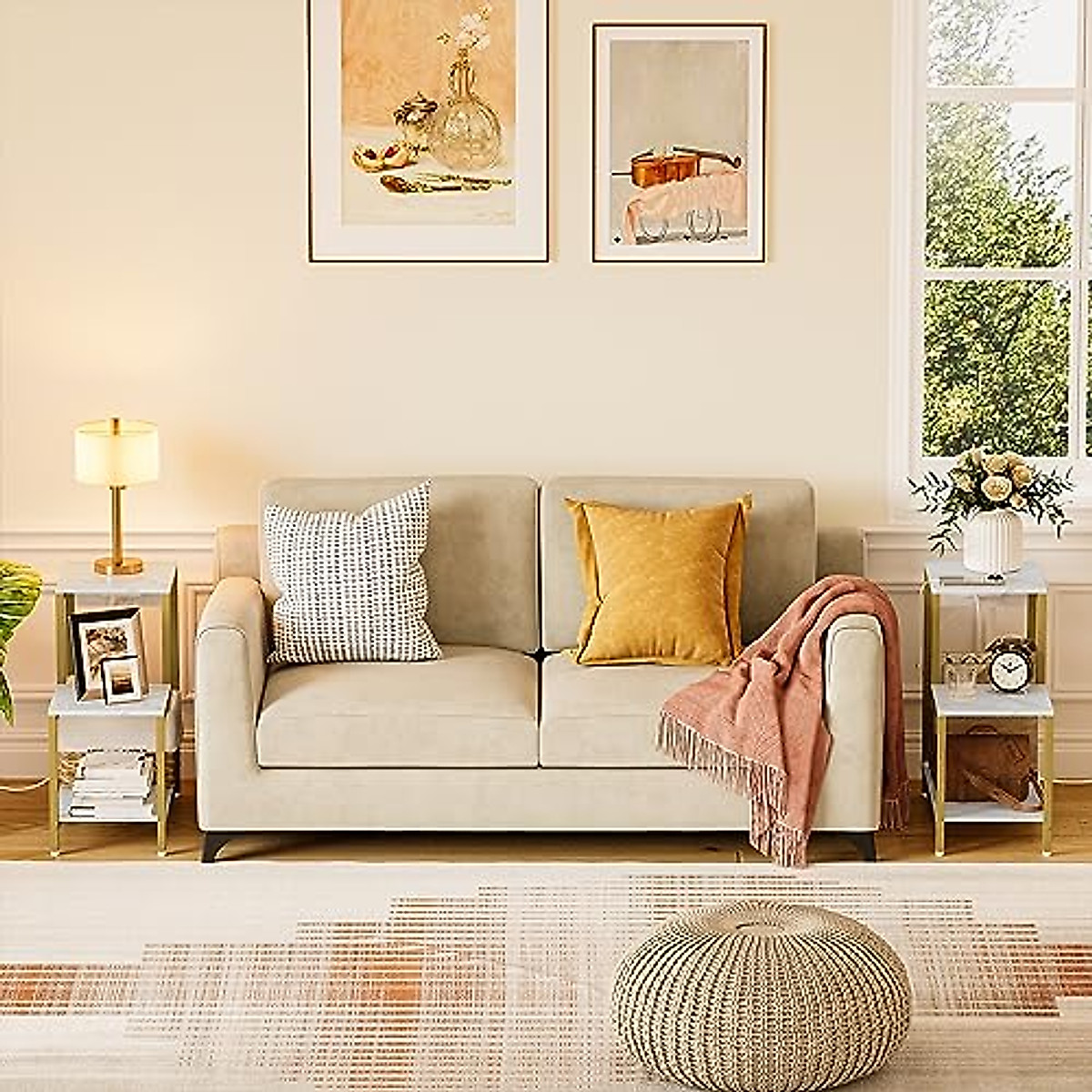 Snughome End Table with Charging Station, Narrow Side Table, 3 Tier Modern Nightstand with USB Ports and Outlet, Sofa Beside Table for Living Room, Bedroom，White and Gold