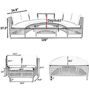 Tensun 5 Pieces All-Weather Brown PE Rattan Wicker Sofa Set Outdoor Patio Sectional Furniture Set Half-Moon Sofa Set with Tempered Glass Table for Garden Balcony Backyard(Beige)