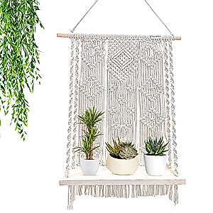 VALAGRUS Macrame Wall Hanging Shelves, Boho Room Decor, Rope Shelf with Handmade Woven Rope 2 Coasters, Wooden Hanging Shelves for Bedroom, Bathroom, Living Room Kitchen, Photo Frames, Small Plants.