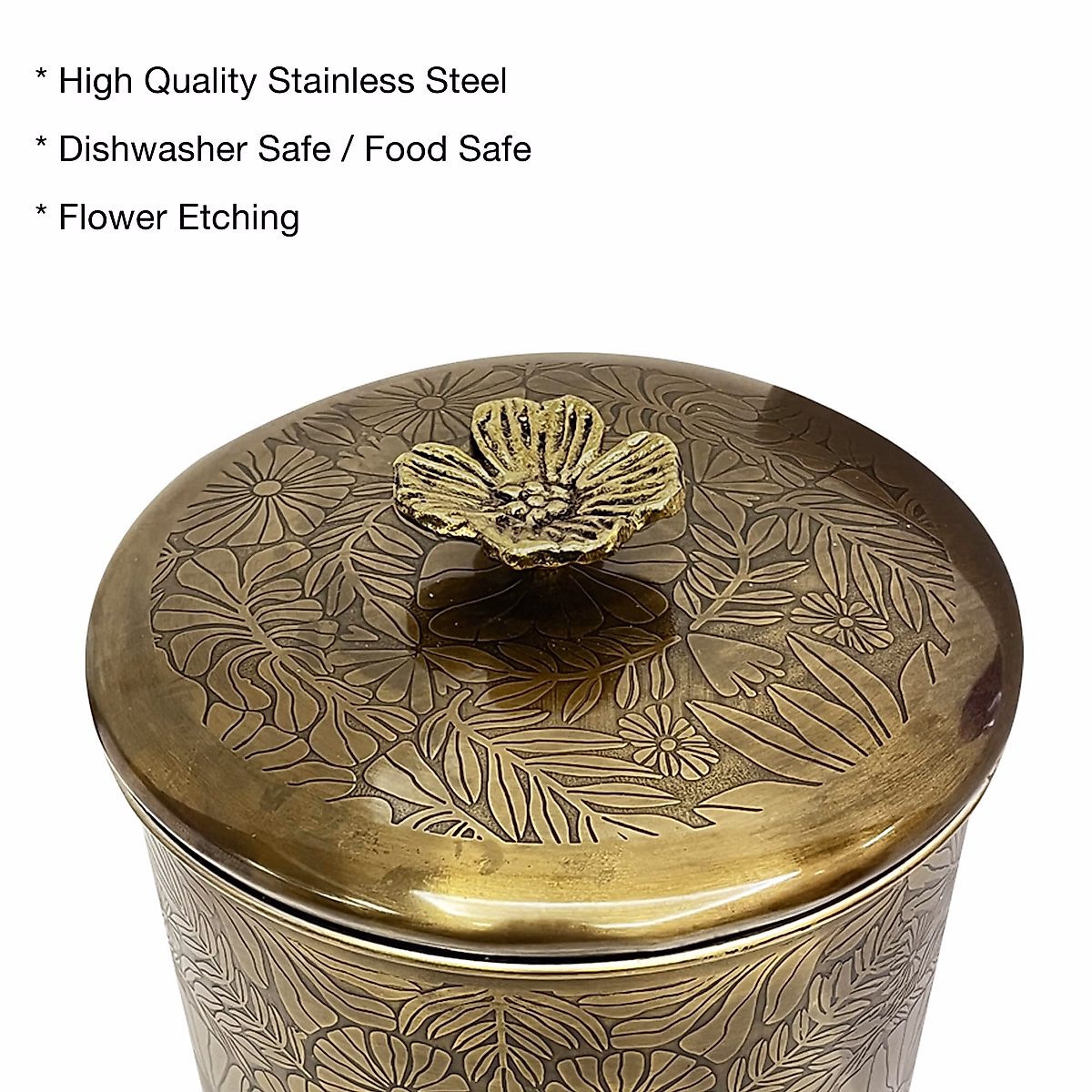 nu steel Set Of 4 Food storage Container Kitchen Flower etching Canister with gold finish
