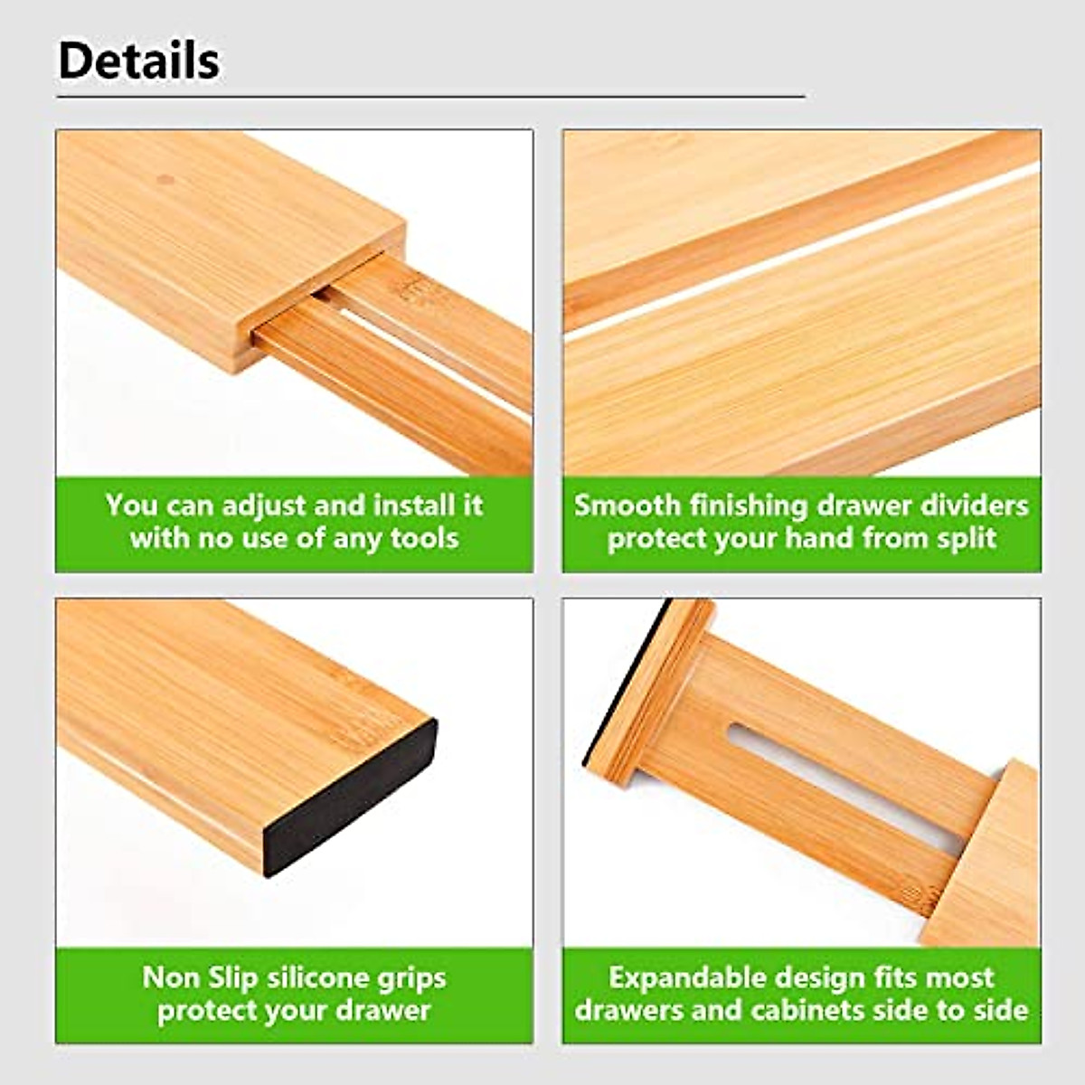 Diosbles 6 Pack Bamboo Drawer Dividers, Adjustable Kitchen Drawer Divider, Expandable Drawer Organizer Kitchen Utensils, Spring Loaded Drawer Organizers for Clothing (2.36" High, 13.86"-18.9")