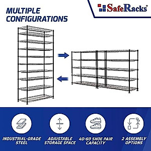 SafeRacks 10-Tier Shoe Rack - Black, Large Shoe Storage Organizer, 60 Pair, Heavy Duty Shoe Stand with Vertical Free Standing Shoe Shelf, Perfect for Entryway, Closet, Garage, & Bedroom Storage