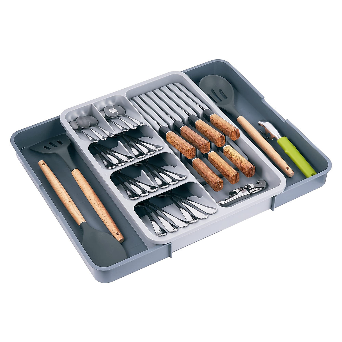 SOMIER Kitchen Utensil Drawer Organizer, Removable 2-Tier Knife Holder, Expandable Cutlery Tray for Silverware, Flatware and Utensils, Large Kitchen Drawer Dividers for Spoons, Forks, Knives, Gray