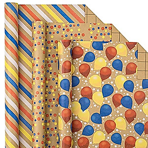 LeZakaa Birthday Kraft Wrapping Paper Roll - Mini Roll - Balloon, Dot and Stripe Design - 17 x 120 inches, 3 Rolls (42.5 sq.ft.ttl.)