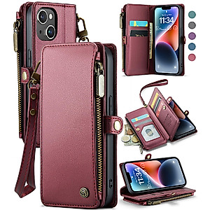 Defencase for iPhone 14 Case, RFID Blocking for iPhone 14 Wallet Case for Women Men with Credit Card Holder Slots Zipper Book Flip PU Leather Protective Cover for iPhone 14 Phone Case, Wine Red