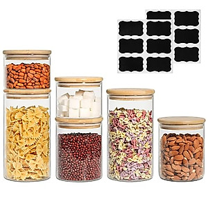 ComSaf Food Storage Container with Airtight Bamboo Lid Set of 6, Clear Glass Canister Food Jar with Sealing Lid Kitchen Pantry Storage Container for Sugar Flour Cereal Pasta Snack Coffee Beans