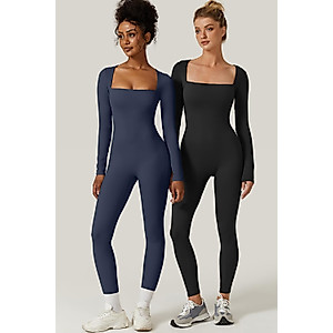QINSEN Woman's Square Neck Long Sleeve High Waist Long Leggings Jumpsuit Black S