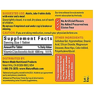 Nature Made Vitamin C 1000 mg Time Release Tablets with Rose Hips, 60 Count to Help Support the Immune System (Pack of 3)