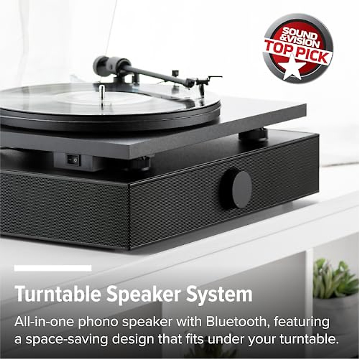 Andover Audio Spinbase Speaker System designed for Turntables; phono input, bluetooth, aux-in, Bass and Treble control, ISOGroove Anti-Feedback - (White)