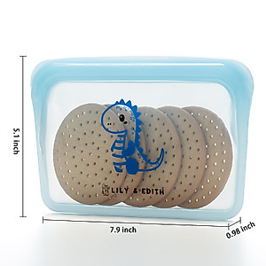 LILY & EDITH Dinosaur Silicone Reusable Snack Bags Dishwasher Microwave Freezer Safe, BPA Free, Leakproof Reusable Food Storage Bags, Plastic Free Snack Pouch, Accessory bag, Portable 400ml (Pink)
