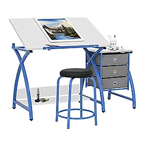 SD STUDIO DESIGNS 2 Piece Comet Center Plus, Craft Table and Matching Stool Set with Storage and Adjustable Top, 50"W x 23.75"D x 29.5"H, Blue/White