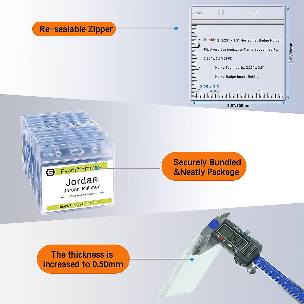 Fushing 200 Pcs Clear Plastic Horizontal Name Tag Badge ID Card Holders