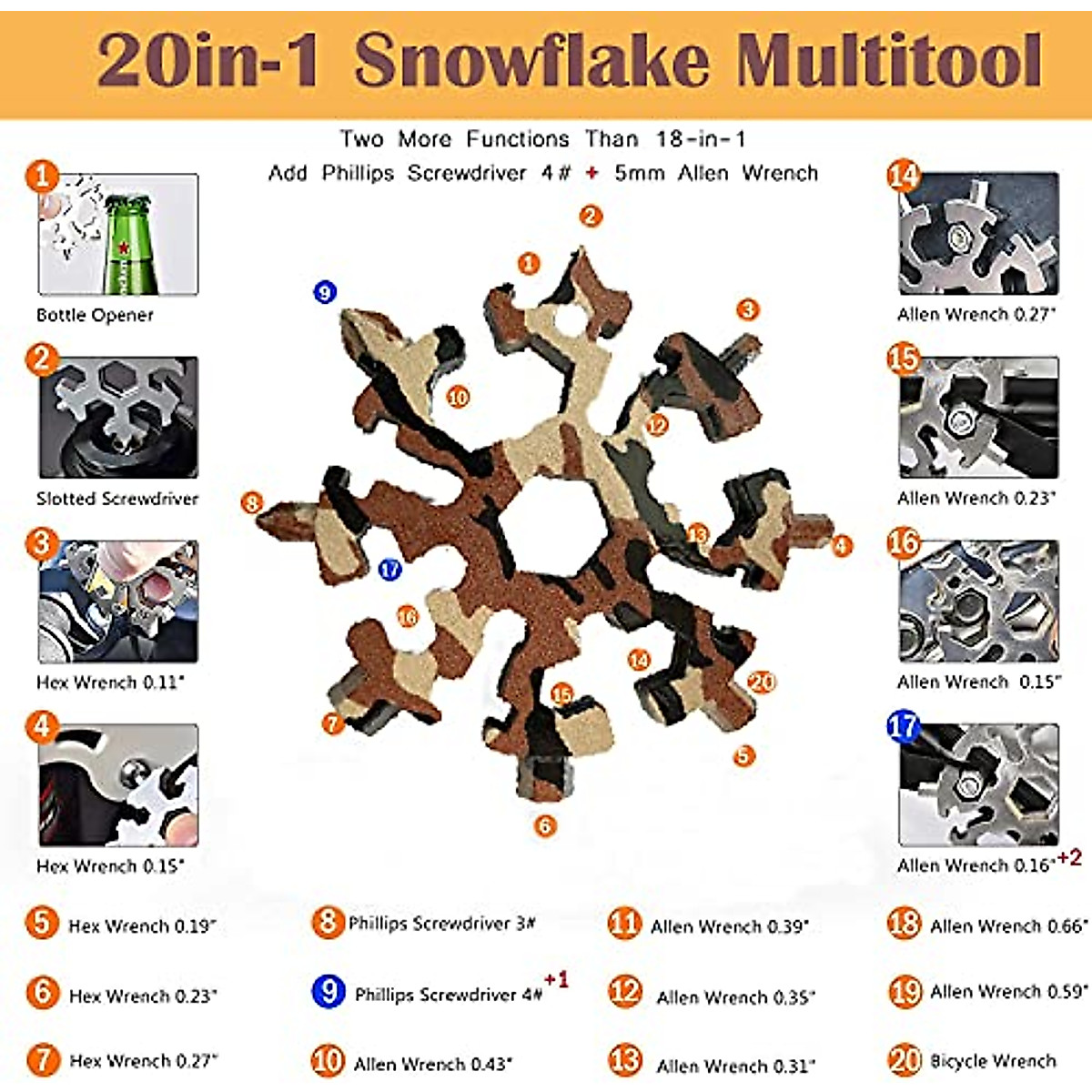 Ruin 18-in-1 Snowflake Multi-tool and 20-in-1 Snowflake Multi-tool ,6 Pack Portable Stainless Steel Snowflake Multitool for Outdoor Travel Camping Adventure Wrench Bottle Opener