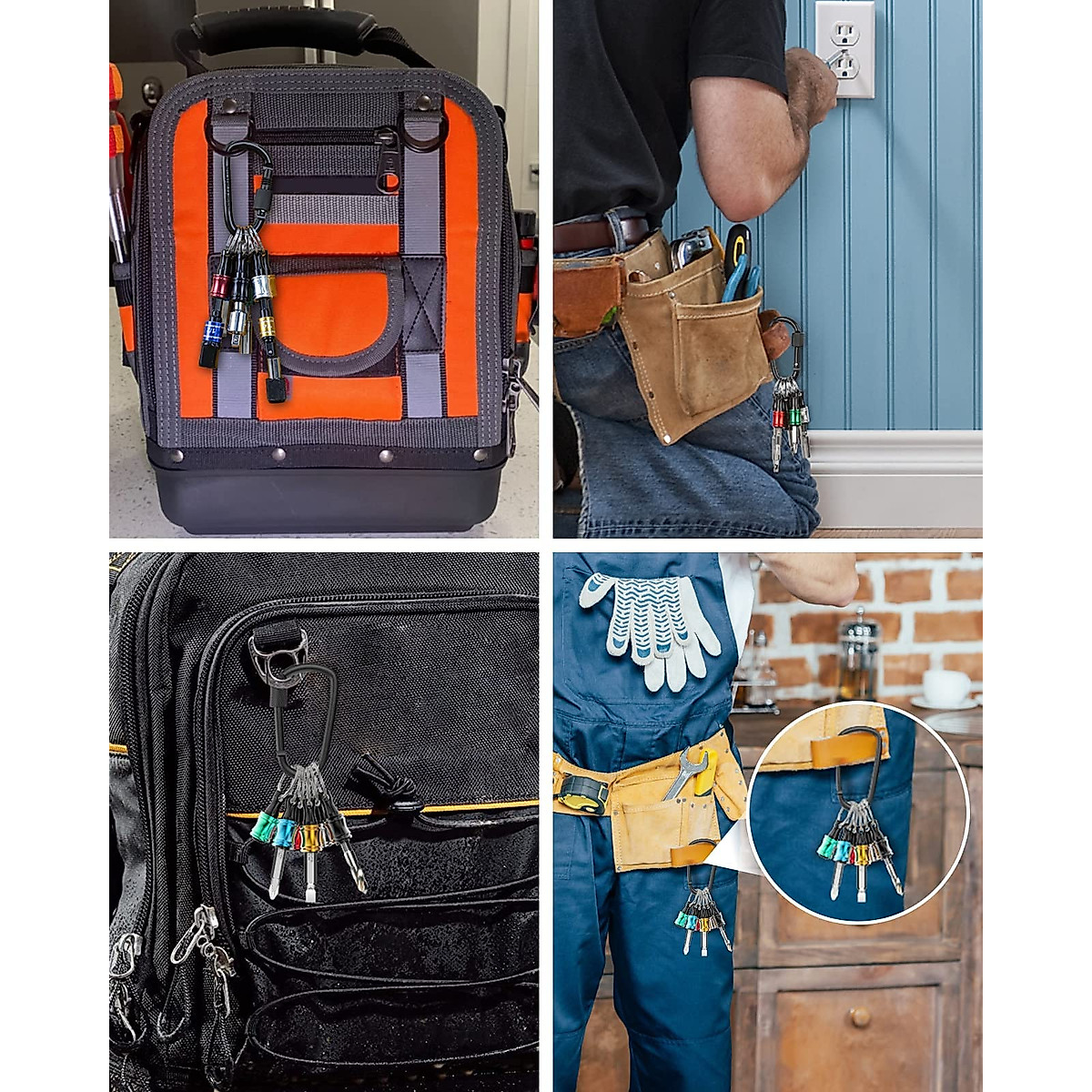 12pc Portable Bit holder Keychain, 1/4in Hex Shank Screwdriver Bit Clip for Impact Driver Flexible Drill Bit Extension Nut Driver W/Black Carabiner, Quick Release Lightweight Drill Screw Adapter