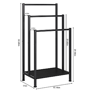 Freestanding Towel Rack, 3 Tier Metal Towel Rack Blanket Rack Stand for Bedroom Standing Towel Rack Black Bath Towel Holder Stand Floor for Bathroom Floor Towel Rack with Wooden Storage Shelf