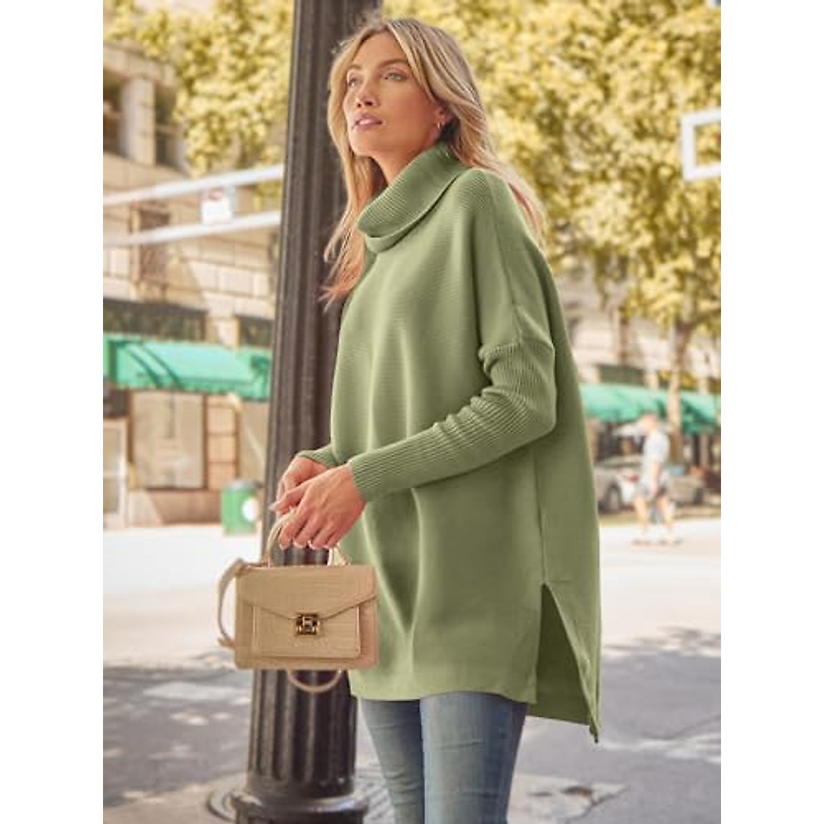 LILLUSORY Oversized Turtleneck Pullover Sweaters Womens 2024 Long Tunic Sweater Winter Trendy Casual Poncho Cowl Neck Cute Tops Dress Fall Fashion Clothes Outfits Clothing Light Green