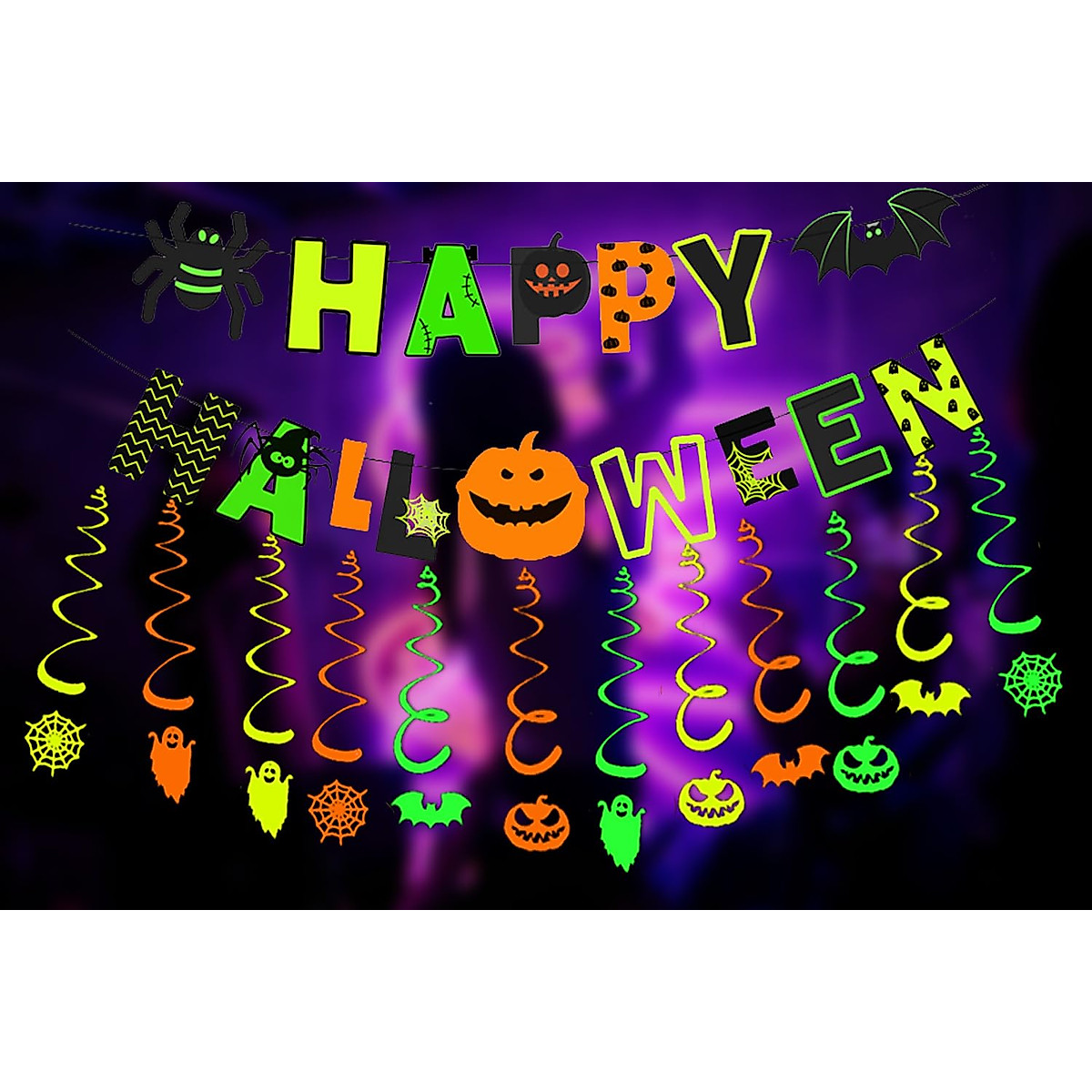 MEILINJIAN Happy Halloween Decorations Banner,Glow in the Dark Halloween Decorations Neon Glow Halloween Sign for Glow in the Dark Halloween Party,Black Light Party